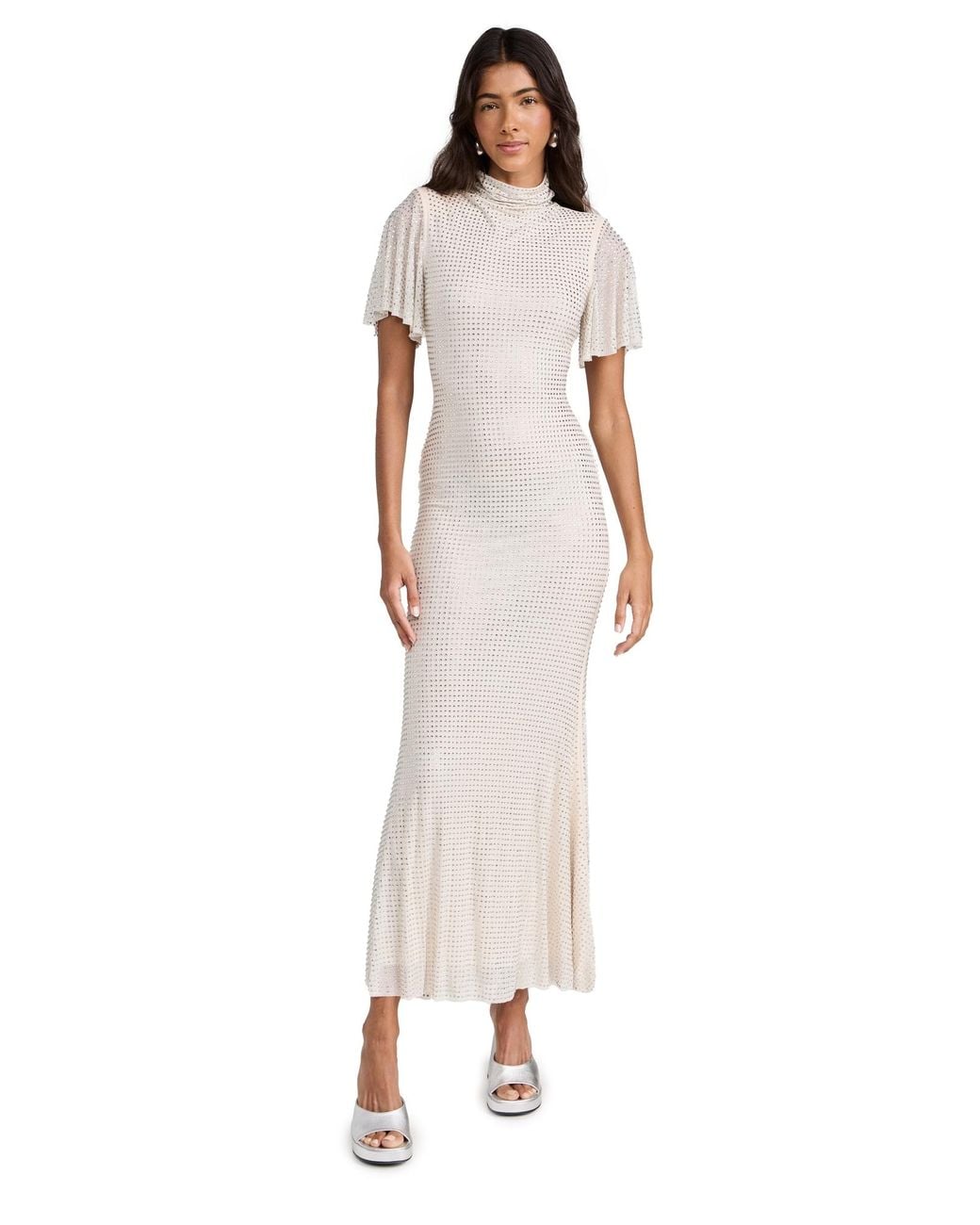 Self-Portrait Cream Rhinestone Mesh Maxi Dress in Natural | Lyst