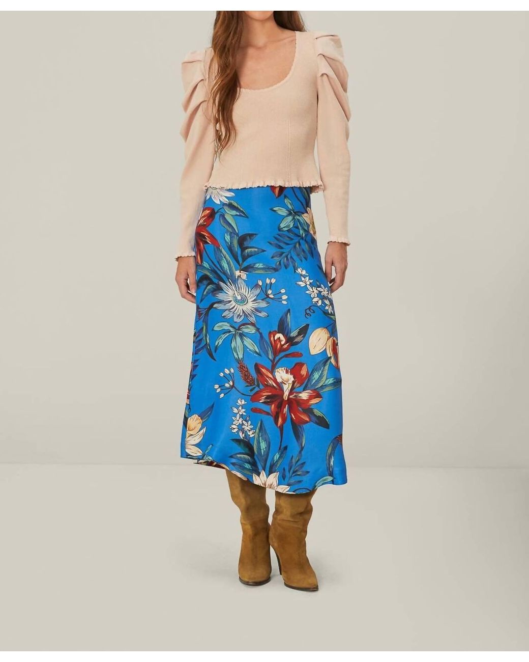 FARM Rio Surreal Flowers Midi Skirt in Blue | Lyst