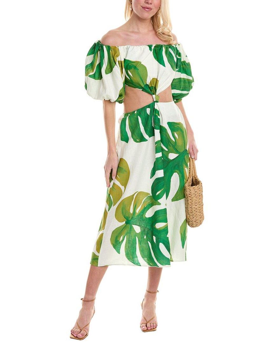 FARM Rio Monstera Cutout Waist Linen-blend Midi Dress in Green | Lyst