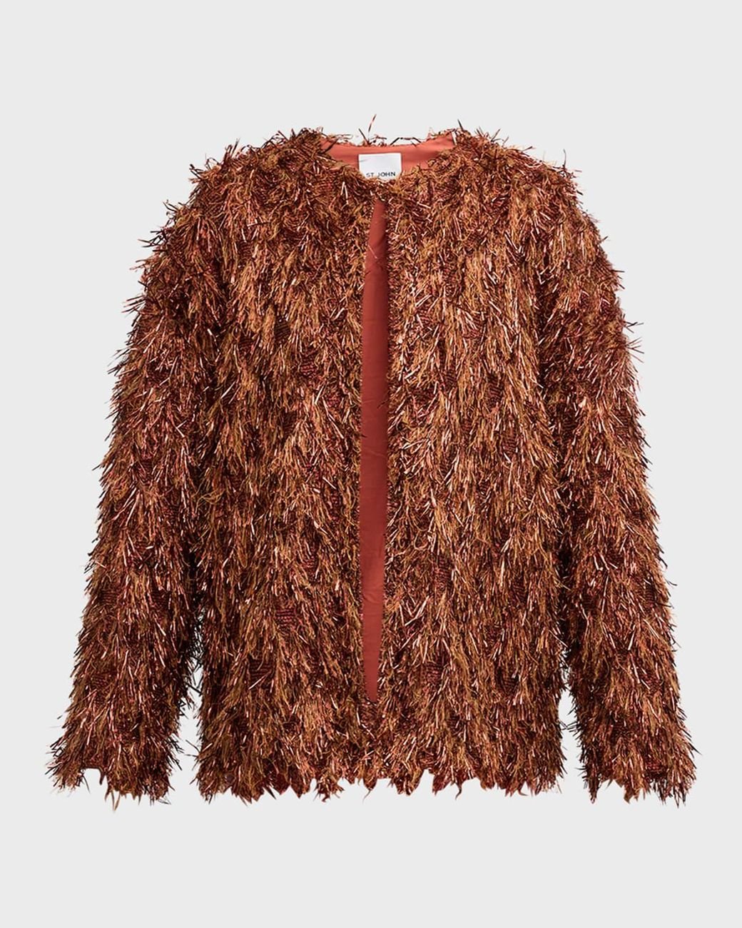 St. John Metallic Sequin Faux-Fur Fringe Knit Jacket in Brown | Lyst