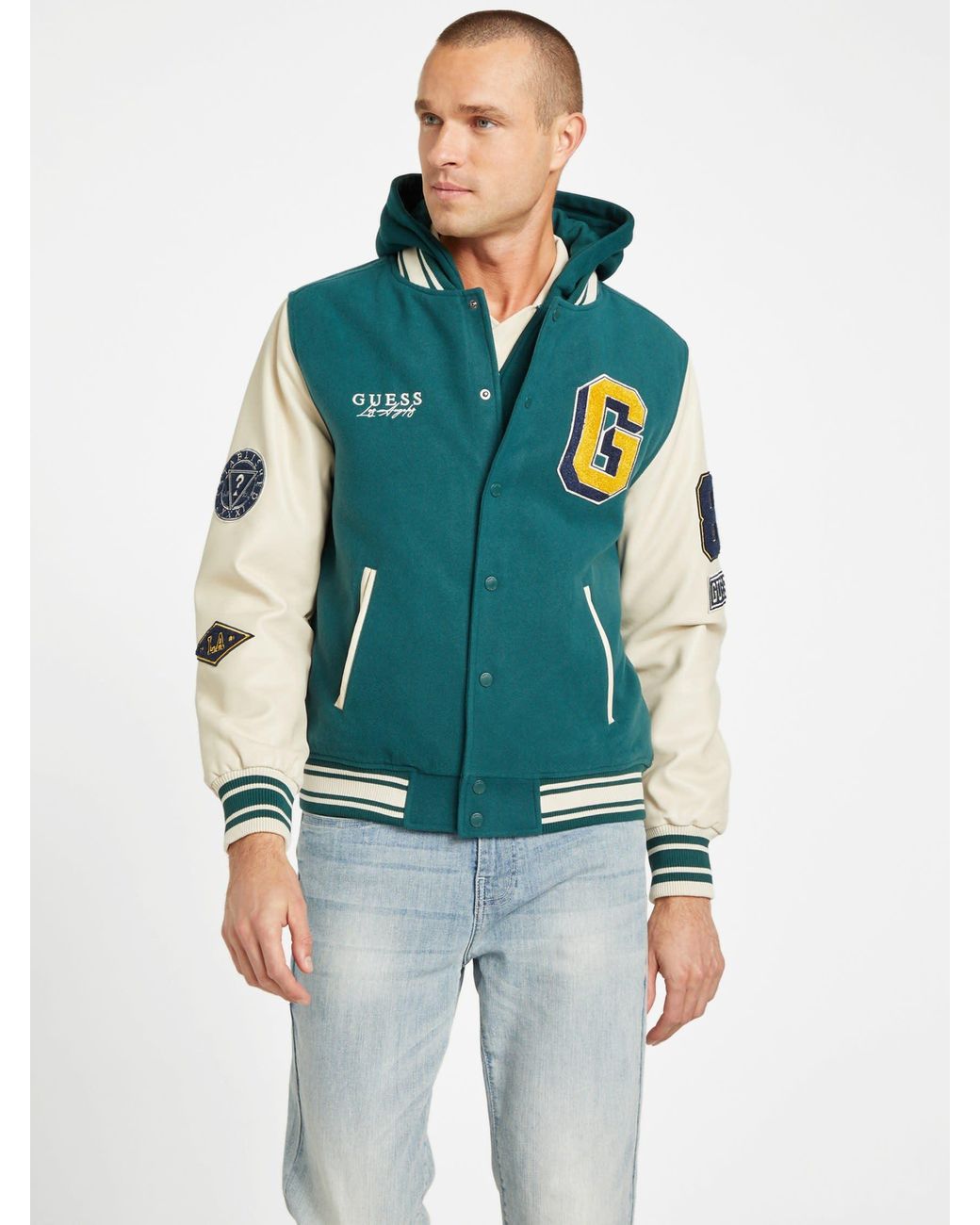 Guess Mark Hooded Varsity Jacket in Blue for Men | Lyst