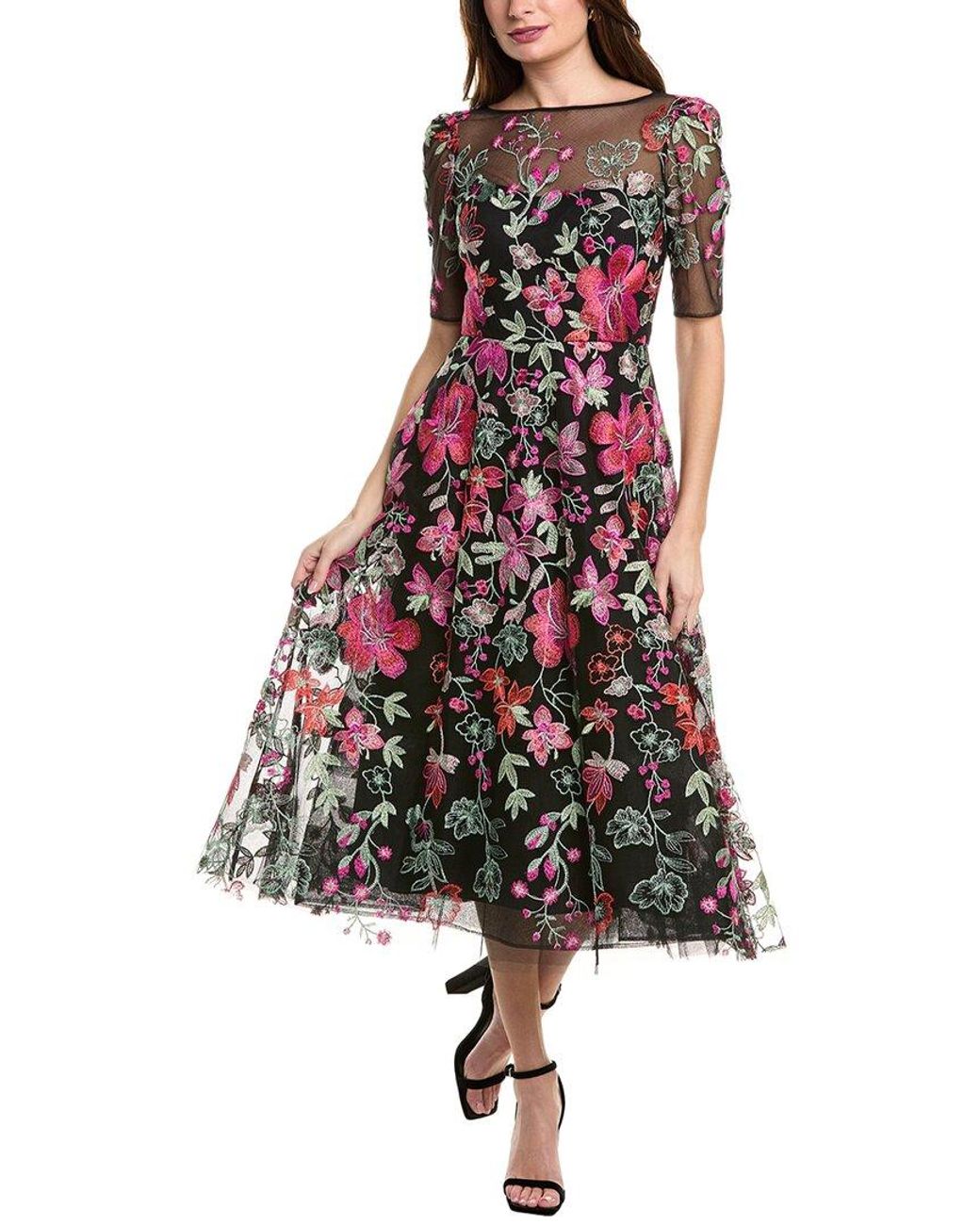 Teri Jon Embroidered Tulle Midi Dress | Lyst
