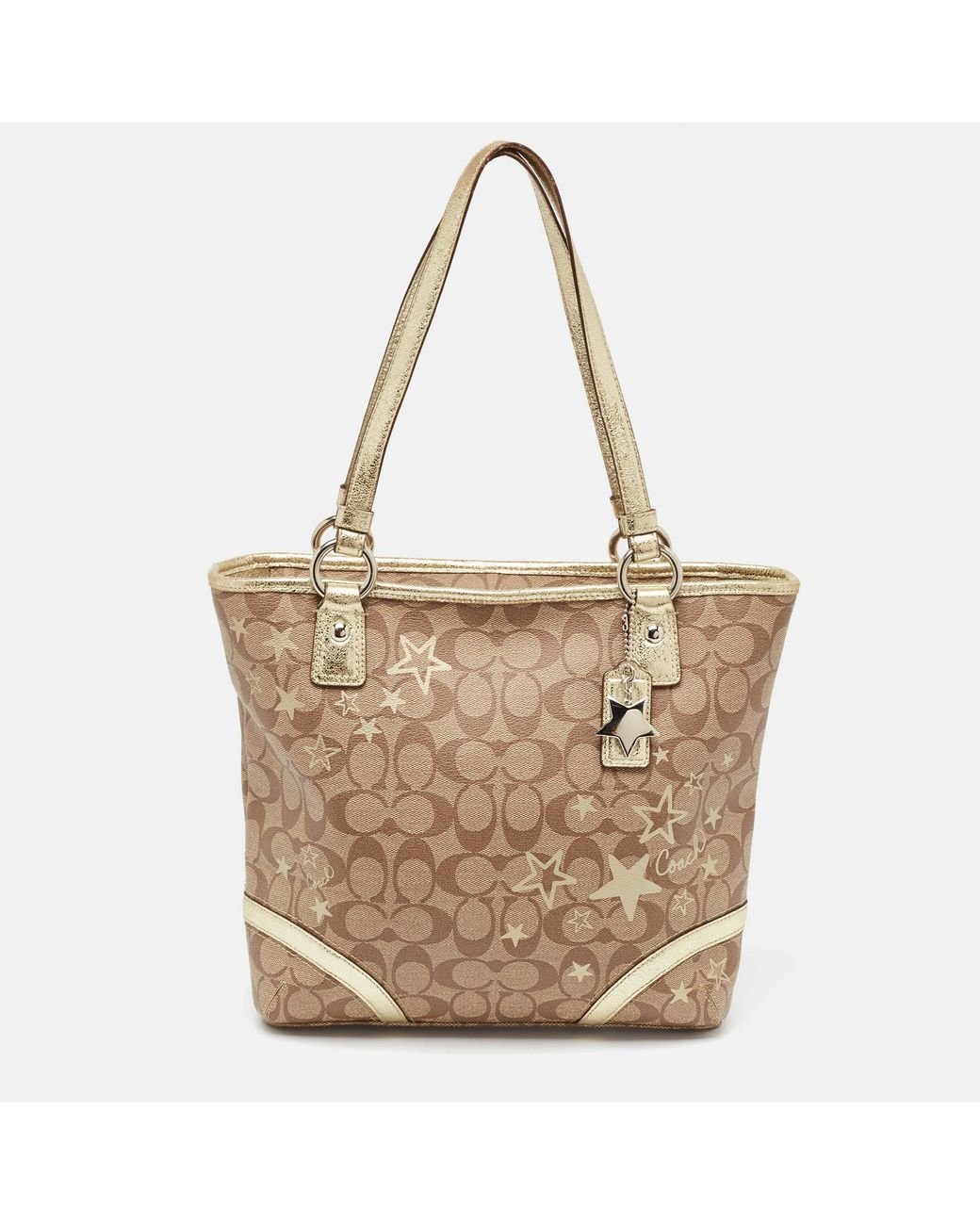 COACH /gold Signature Coated Canvas And Leather Heritage Star Tote in ...