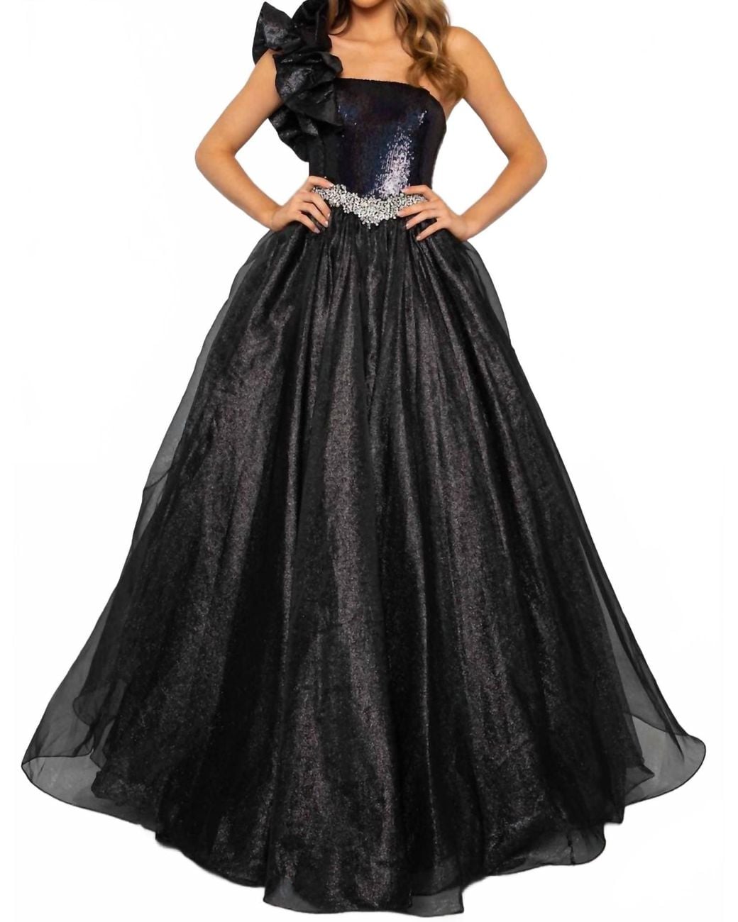 Ava Presley One-Shoulder Ruffle Ball Gown in Black | Lyst