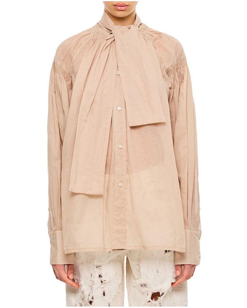 Plan C Lace-Up Front Transparent Shirt With Wide Sleeves in Natural | Lyst