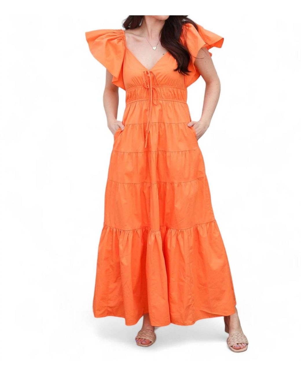 Moon River Piper Ruffle Midi Dress in Orange | Lyst