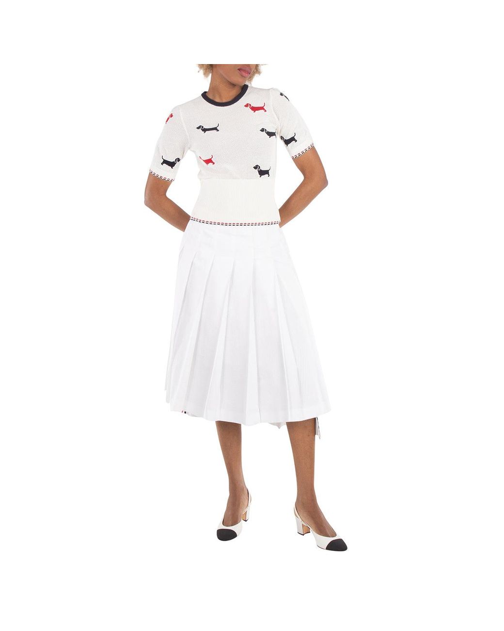 Thom Browne Rwb Stripe Dropped Back Pleated Skirt in White | Lyst