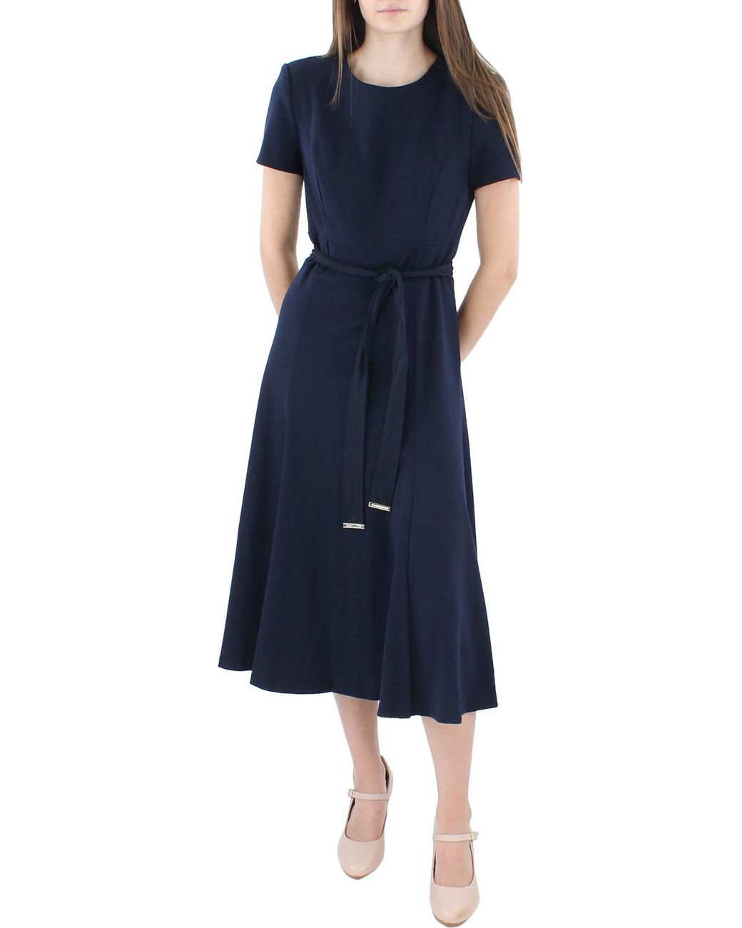 Calvin Klein Pintuck Belted Fit And Flare Dress In Blue Lyst