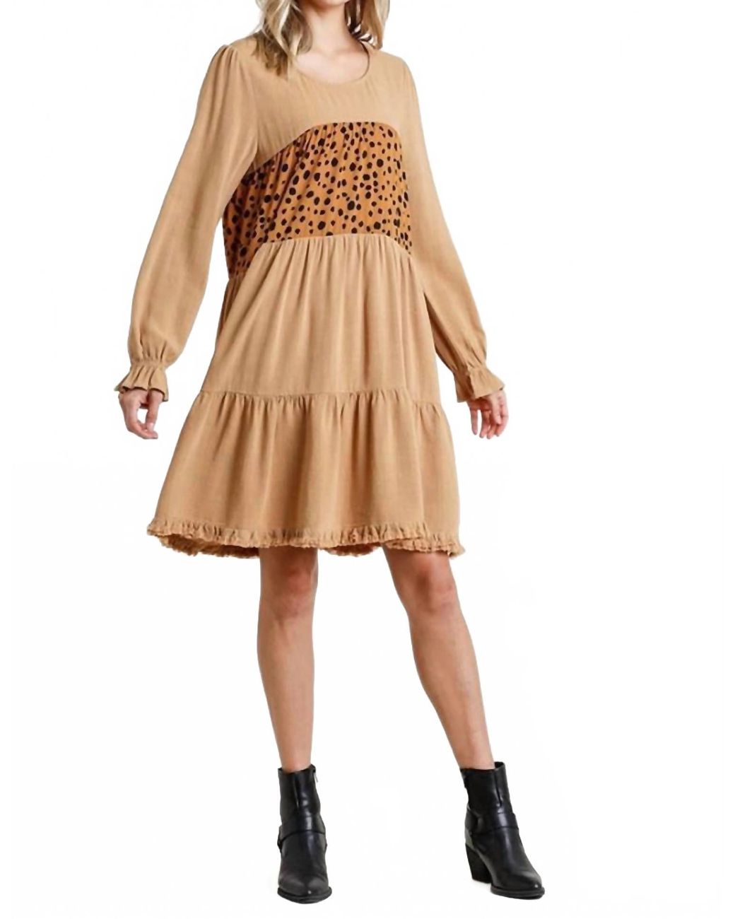 Umgee Spotted Tiered Fringe Dress in Natural | Lyst