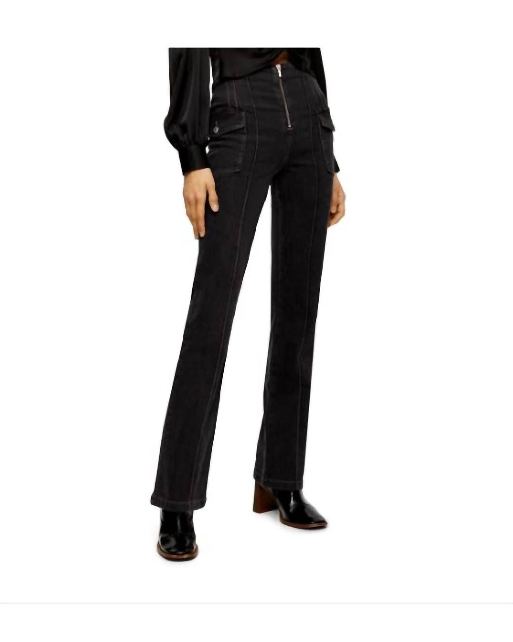 TOPSHOP High Rise Pintuck Exposed Zip Fly Flare Jeans in Black | Lyst