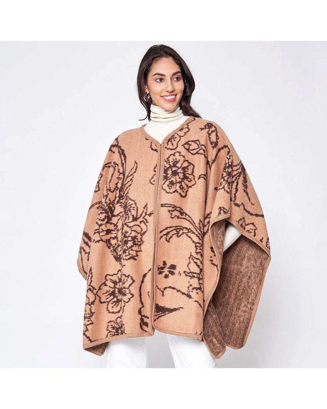 TRUEDAMES Floral Patterned Woven Ruana Poncho in Brown | Lyst
