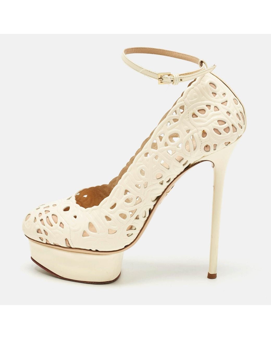 Charlotte Olympia Cream Cut Out Leather Scribble Dolores Ankle Strap ...
