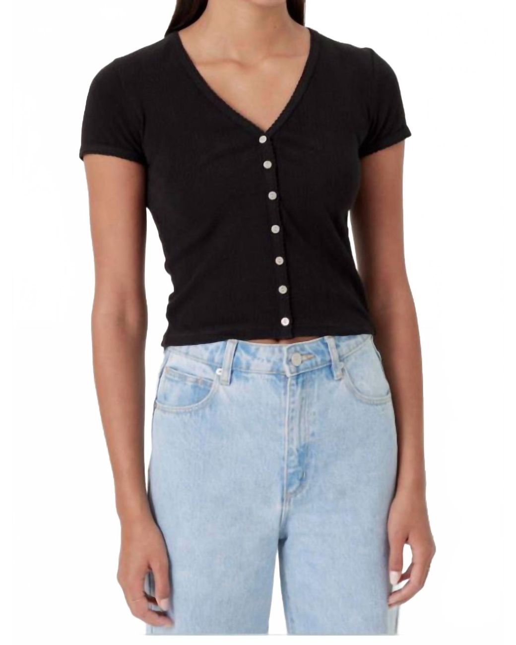 Goldie Tees Ellie Pointelle Short Sleeve Cardigan in Black | Lyst