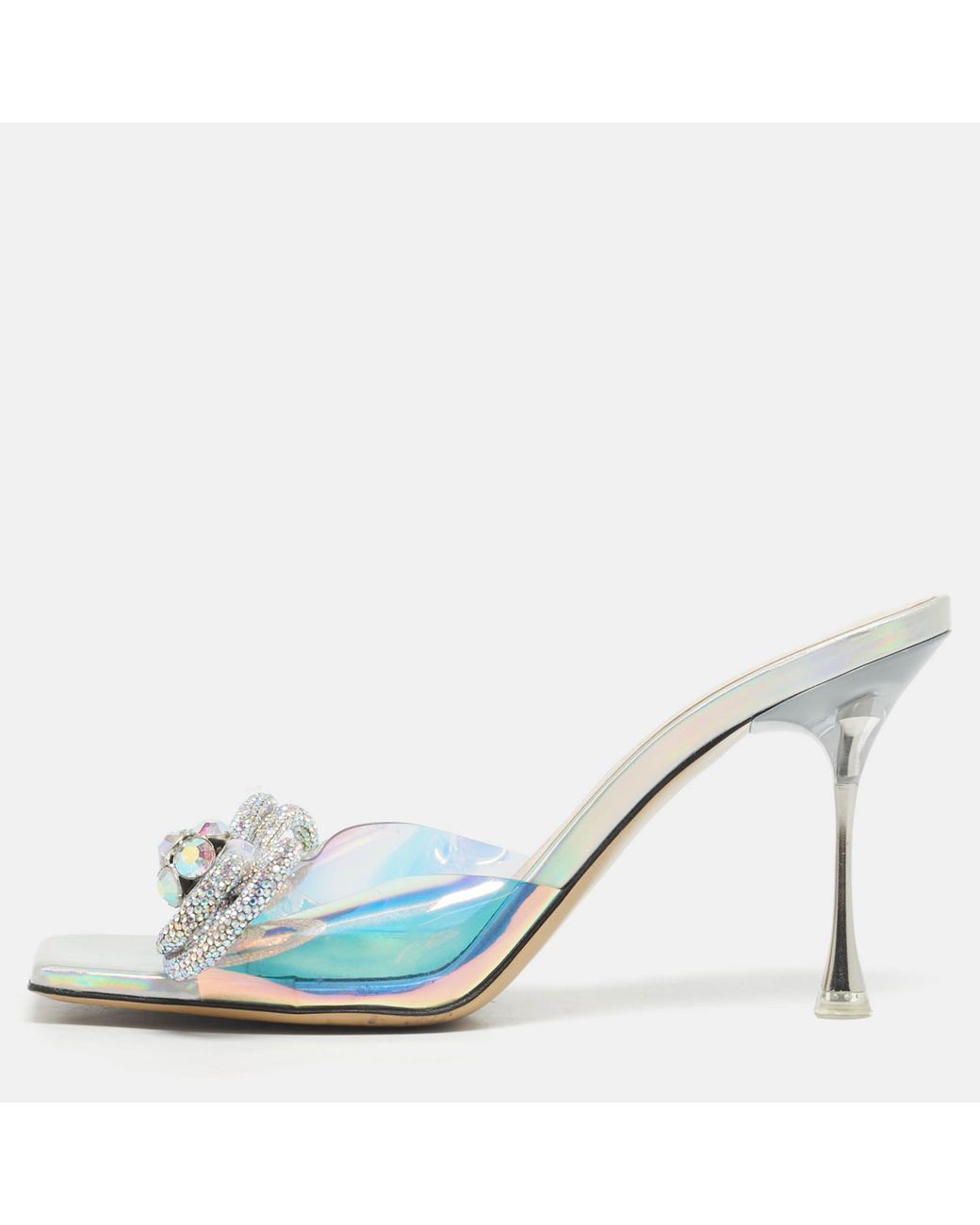 Mach & Mach Iridescent Pvc Crystal Embellished Double Bow Slide Sandals ...