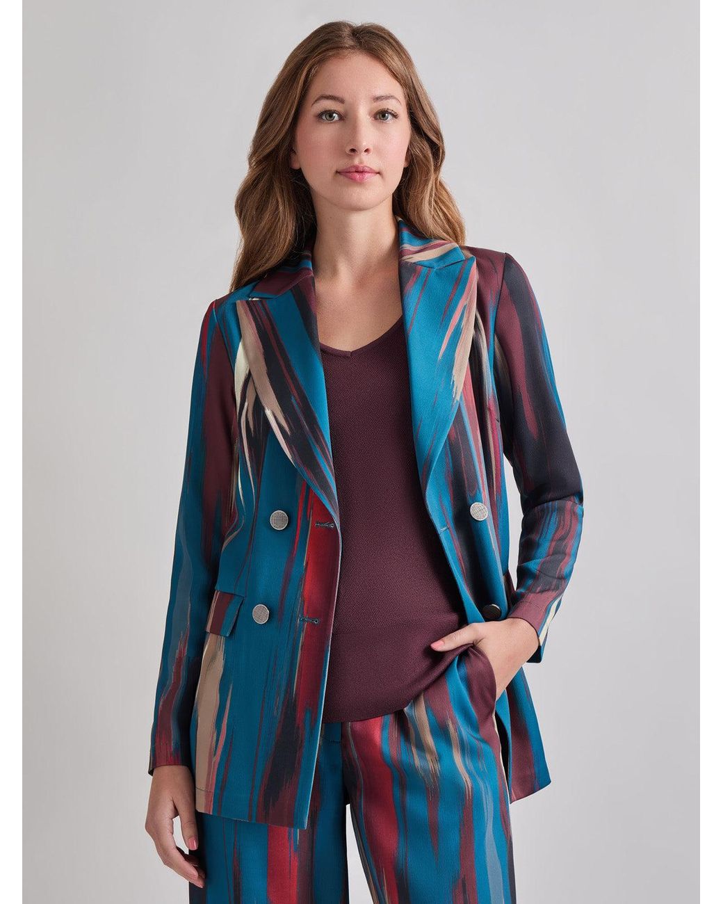 Misook Heritage Fit Double-Breasted Brushstroke Woven Blazer in Blue | Lyst