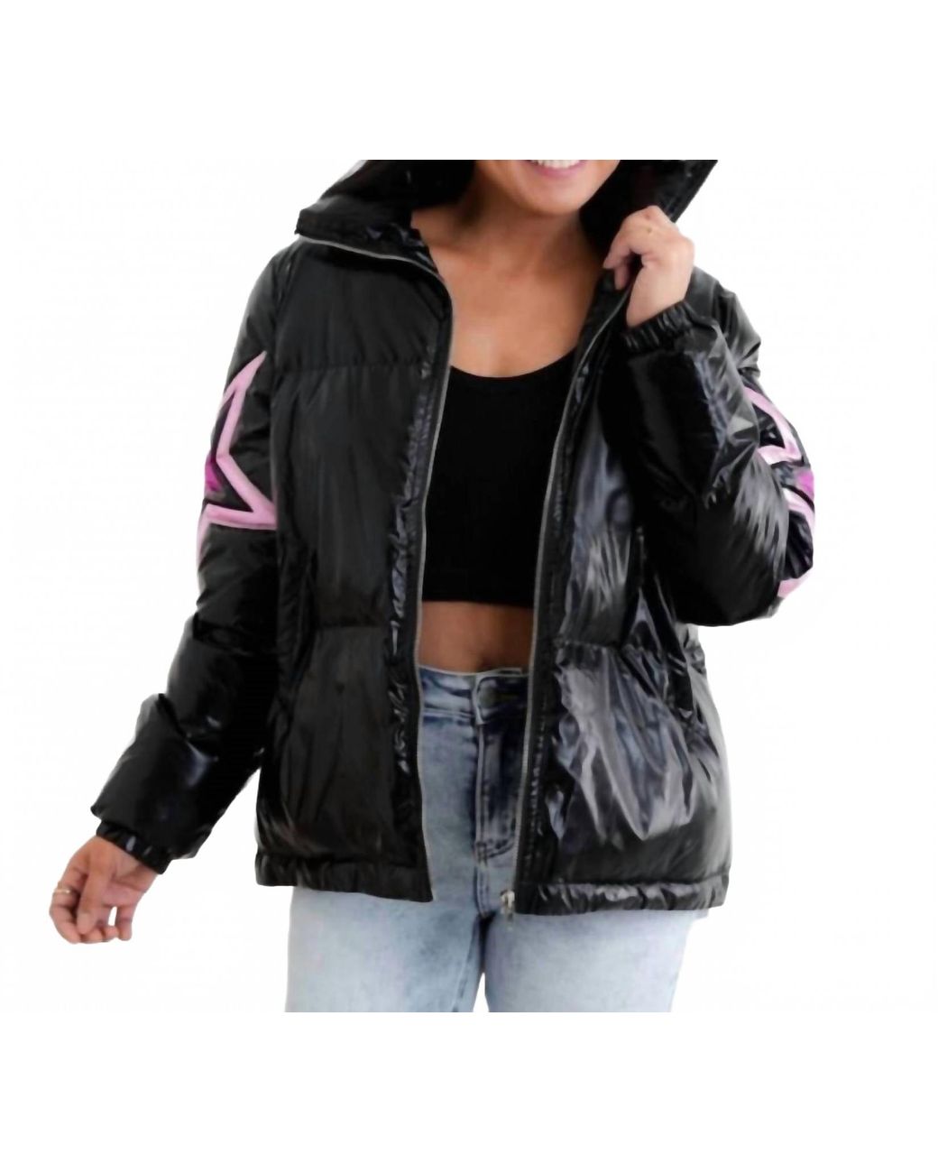 Fantastic Fawn Star Metallic Puffer Jacket in Black | Lyst