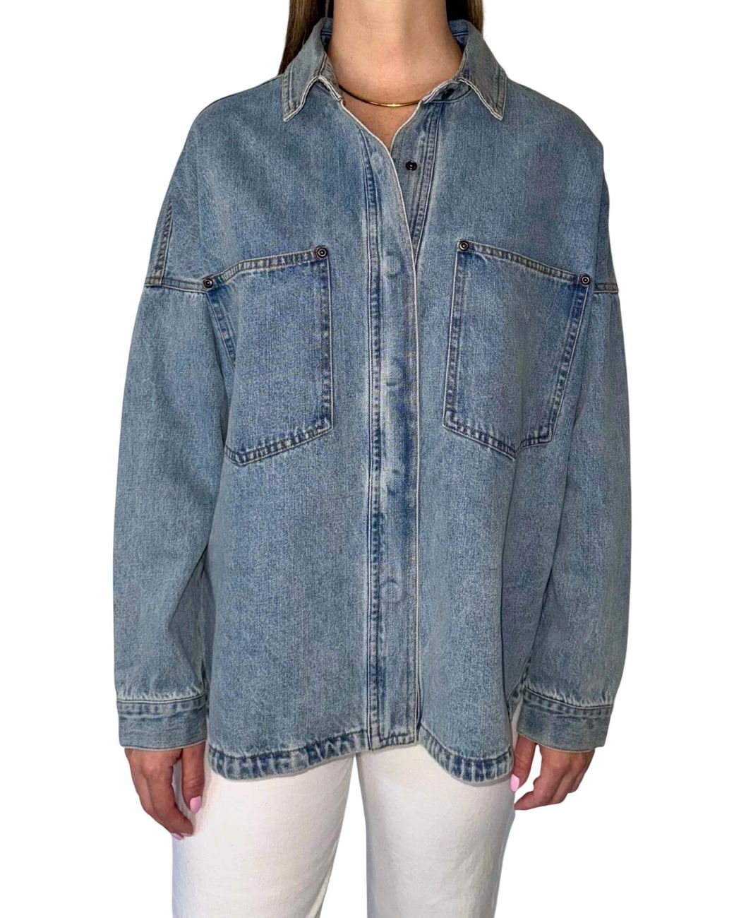 Miou Muse Denim Shacket With Front Pockets in Blue | Lyst