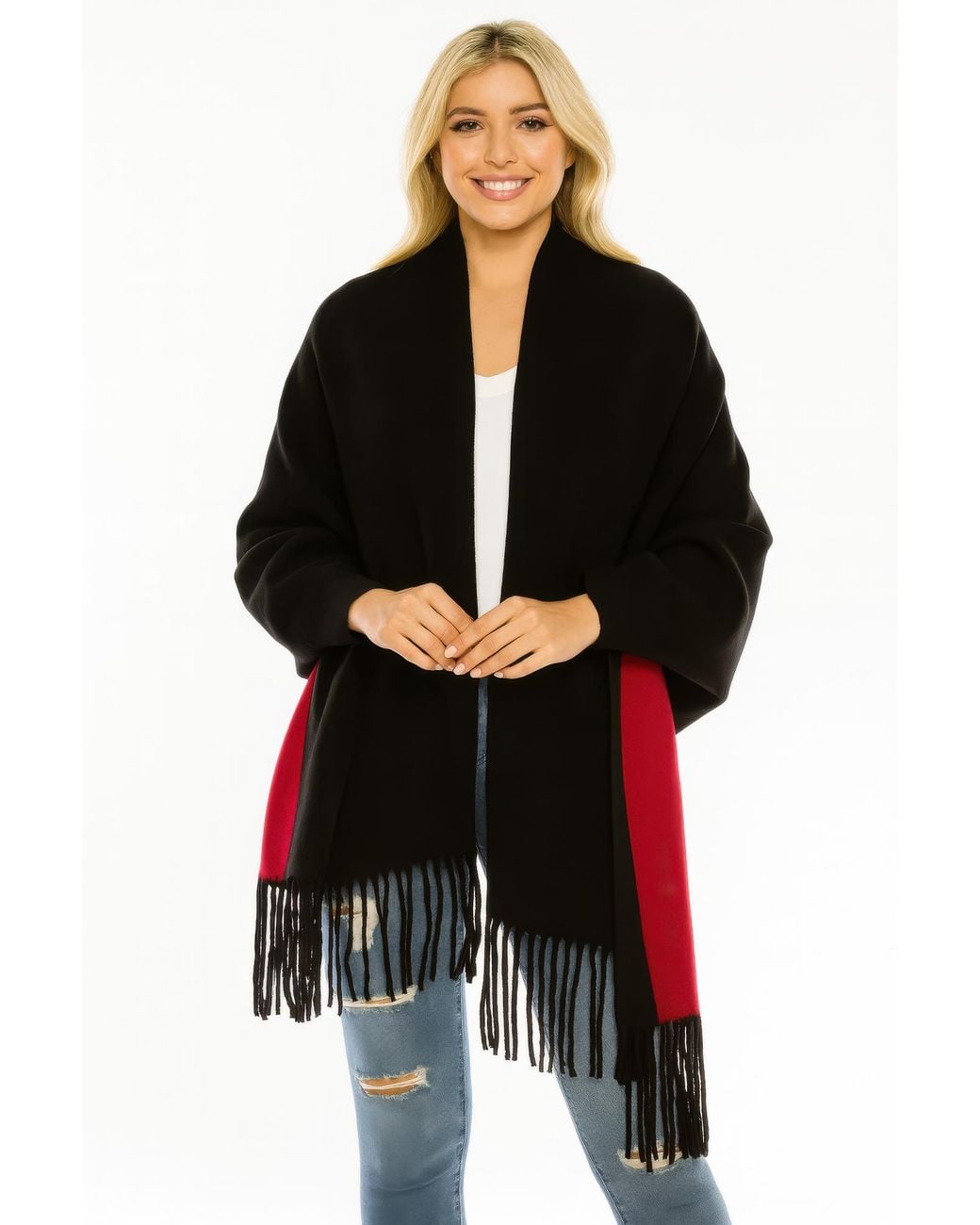 TRUEDAMES Colorblock Fringe-Trimmed Open Wrap in Black | Lyst
