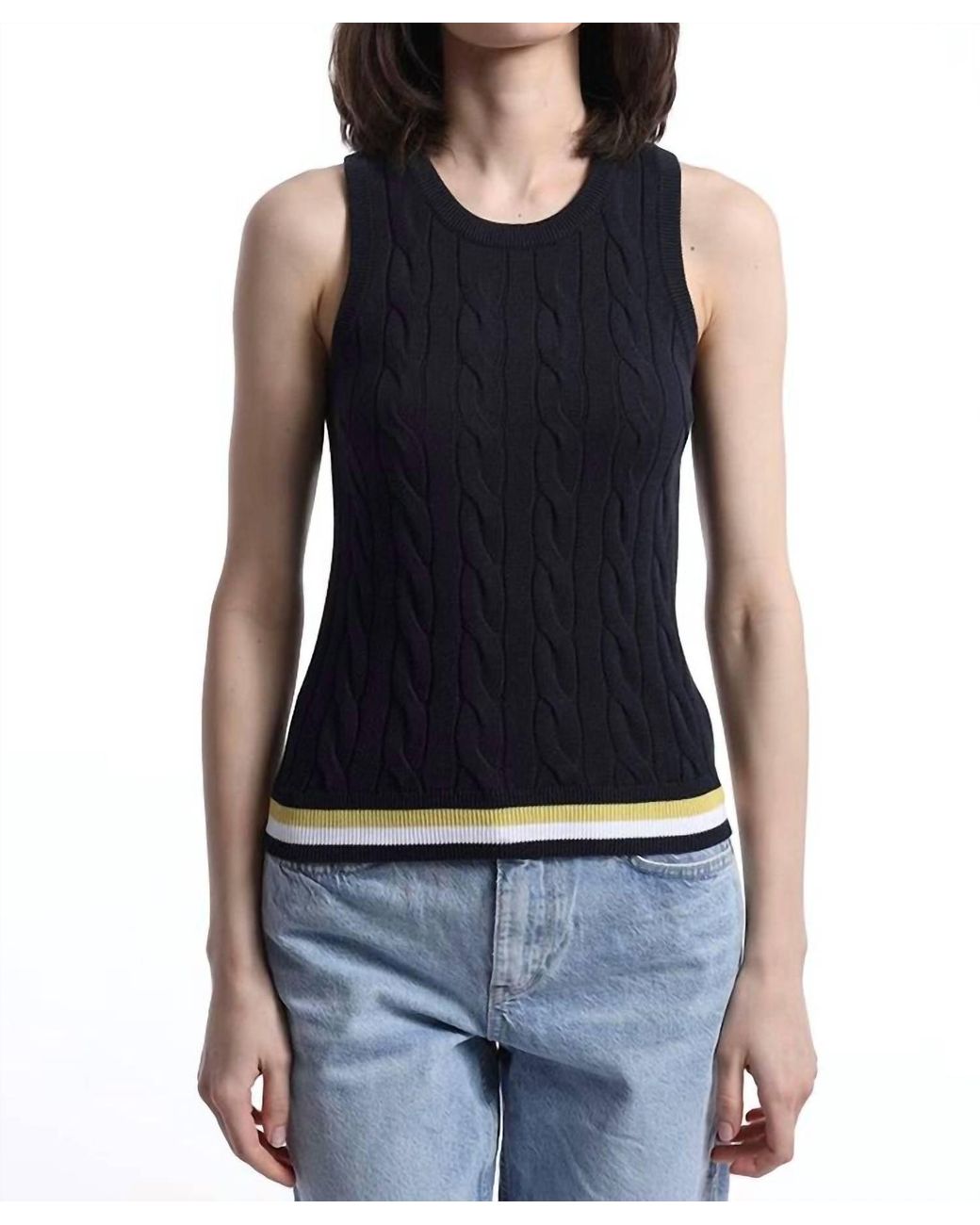 Minnie Rose Cotton Cable Tank With Striped Detail in Blue | Lyst