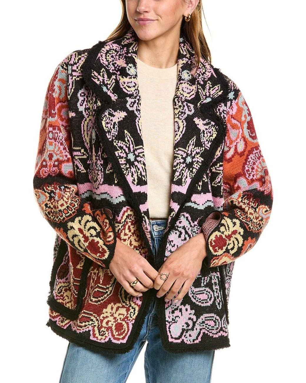 FARM Rio Sweet Mermaids Knit Wool-Blend Blazer in Black | Lyst