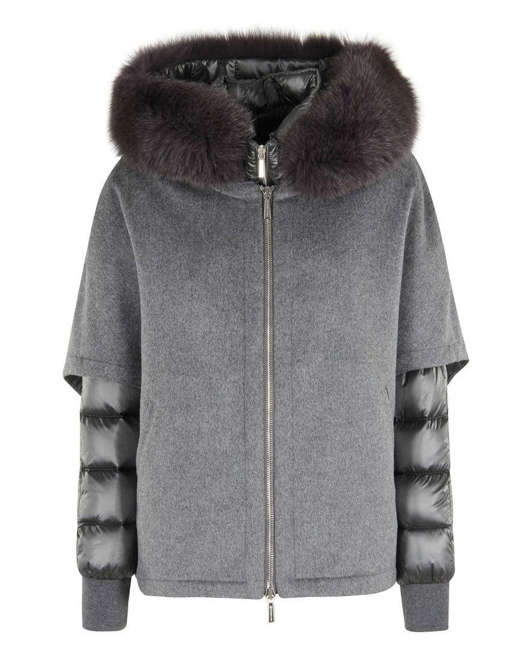 Moorer Cape Coat With Inner Down Jacket And Fox Fur Hood in Gray | Lyst