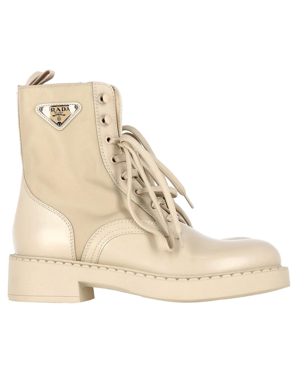Prada Triangle Logo Combat Boots in Natural | Lyst