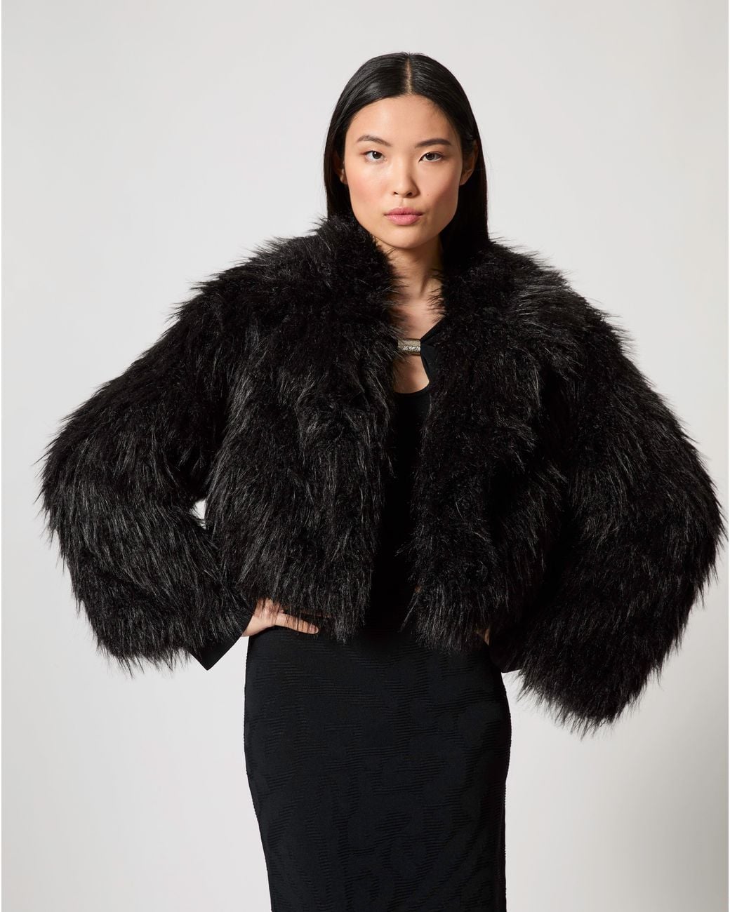 Adrienne Landau Shaggy Cropped Mongolian Faux Fur Jacket in Black | Lyst