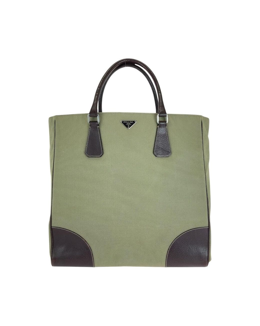Prada Canvas Leather Triangle Logo Tote Bag in Green | Lyst