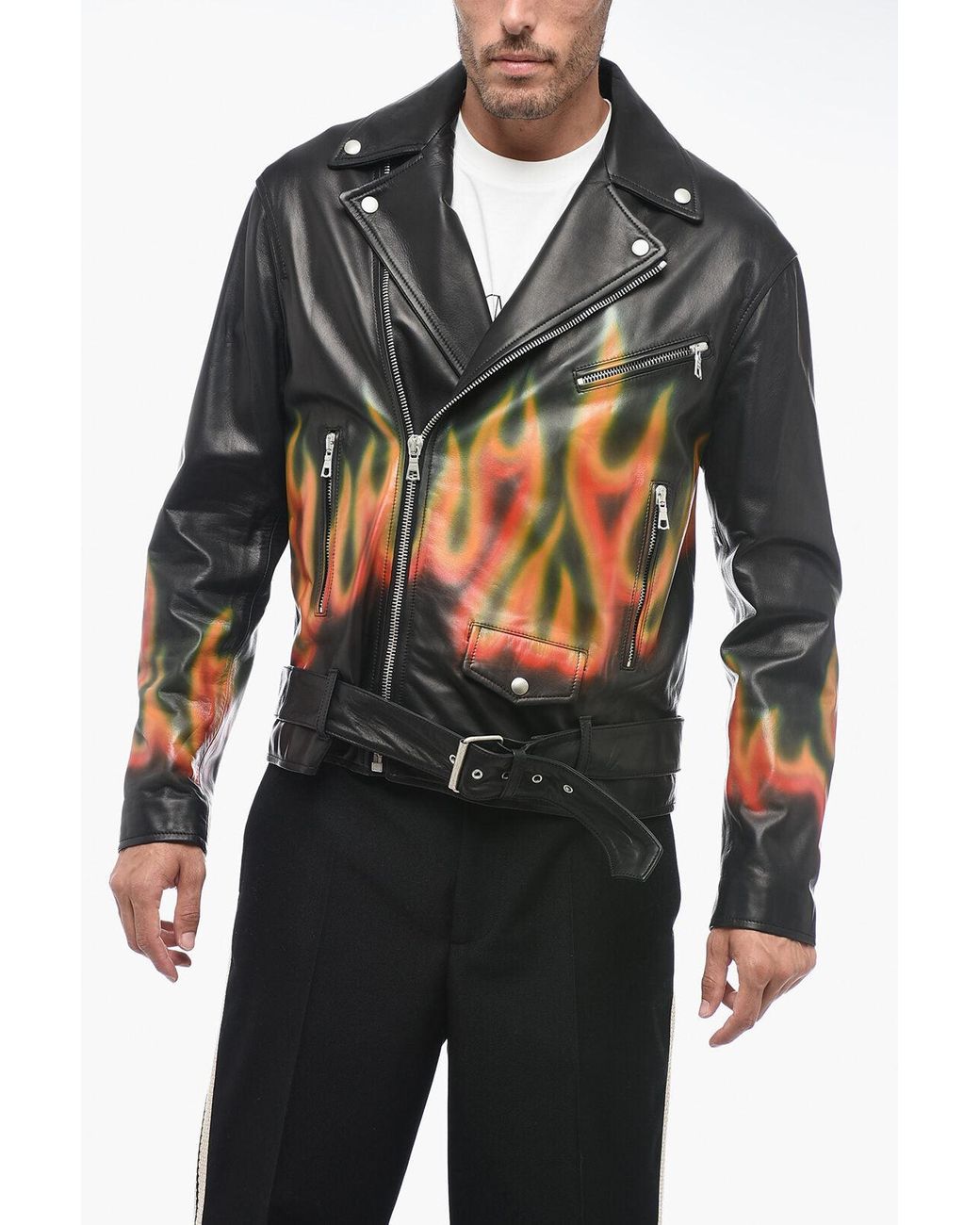Palm Angels Leather Burning Biker Jacket With Flames Motif in Black for ...