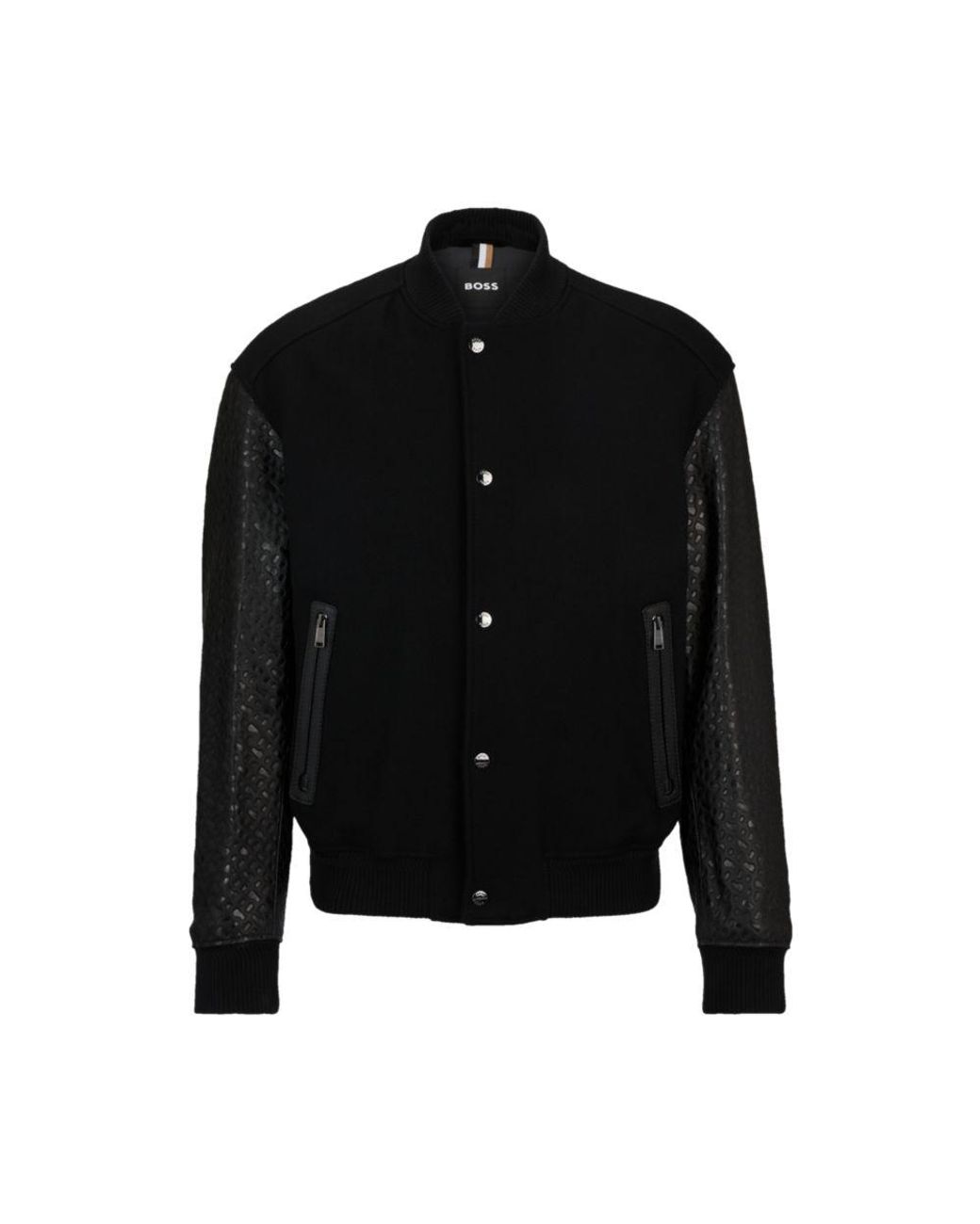 BOSS Varsity-Style Jacket With Monogram-Emed Leather Sleeves in Black ...