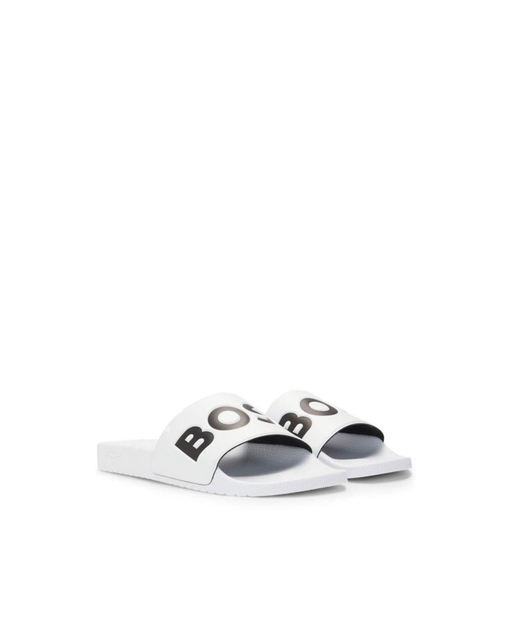 BOSS Italian-Made Slides With Large Logo Detail in White for Men | Lyst