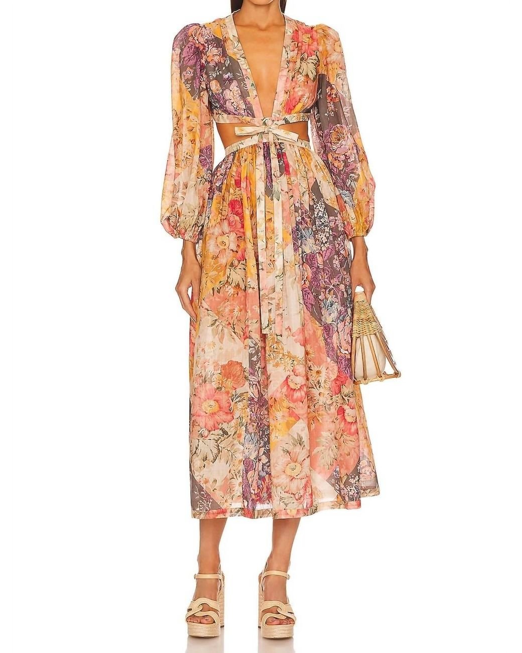 Zimmermann Pattie Patchwork Floral Long Sleeve V Neck Cut Out Maxi