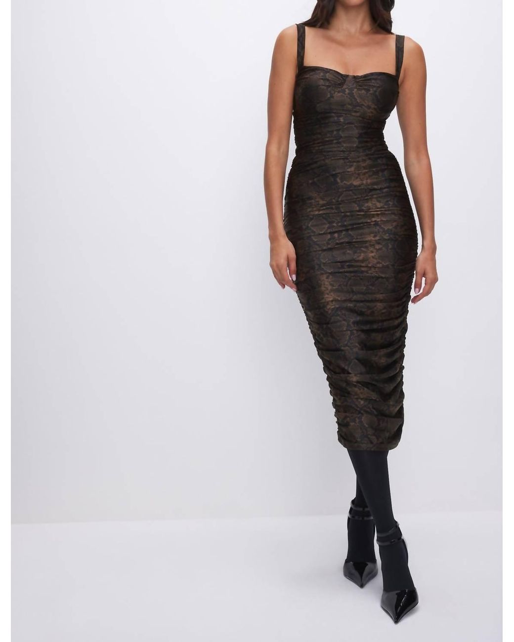 GOOD AMERICAN Ruched Bust Cup Midi Dress In Mocha Python in Black | Lyst