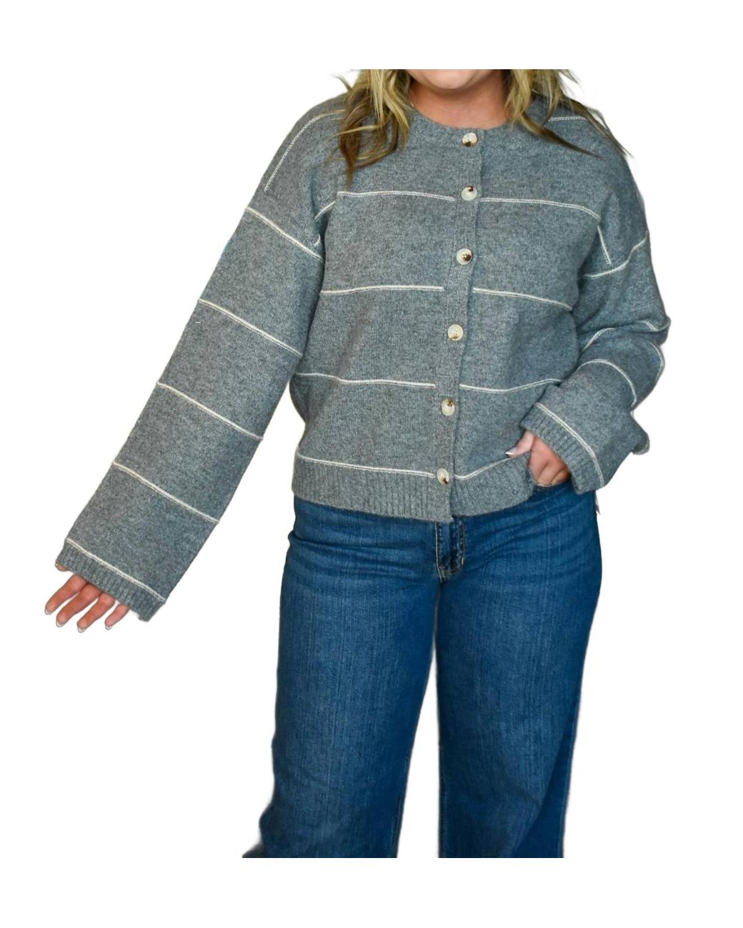 Buttermelon Button Front Striped Cardigan in Blue | Lyst