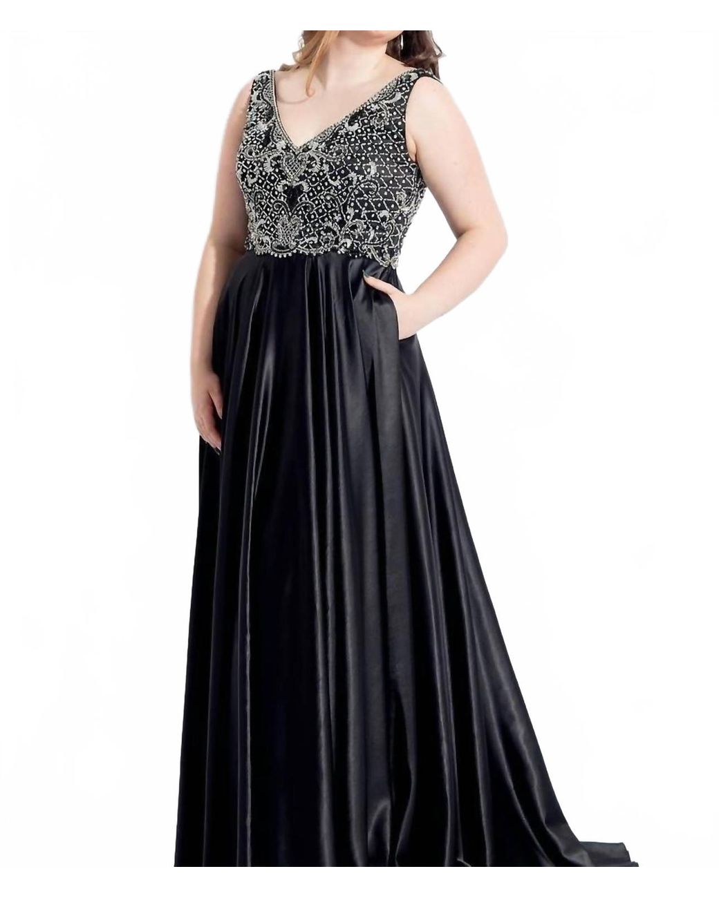 Rachel Allan Beaded Stretch Satin Flowy Prom Gown in Blue | Lyst
