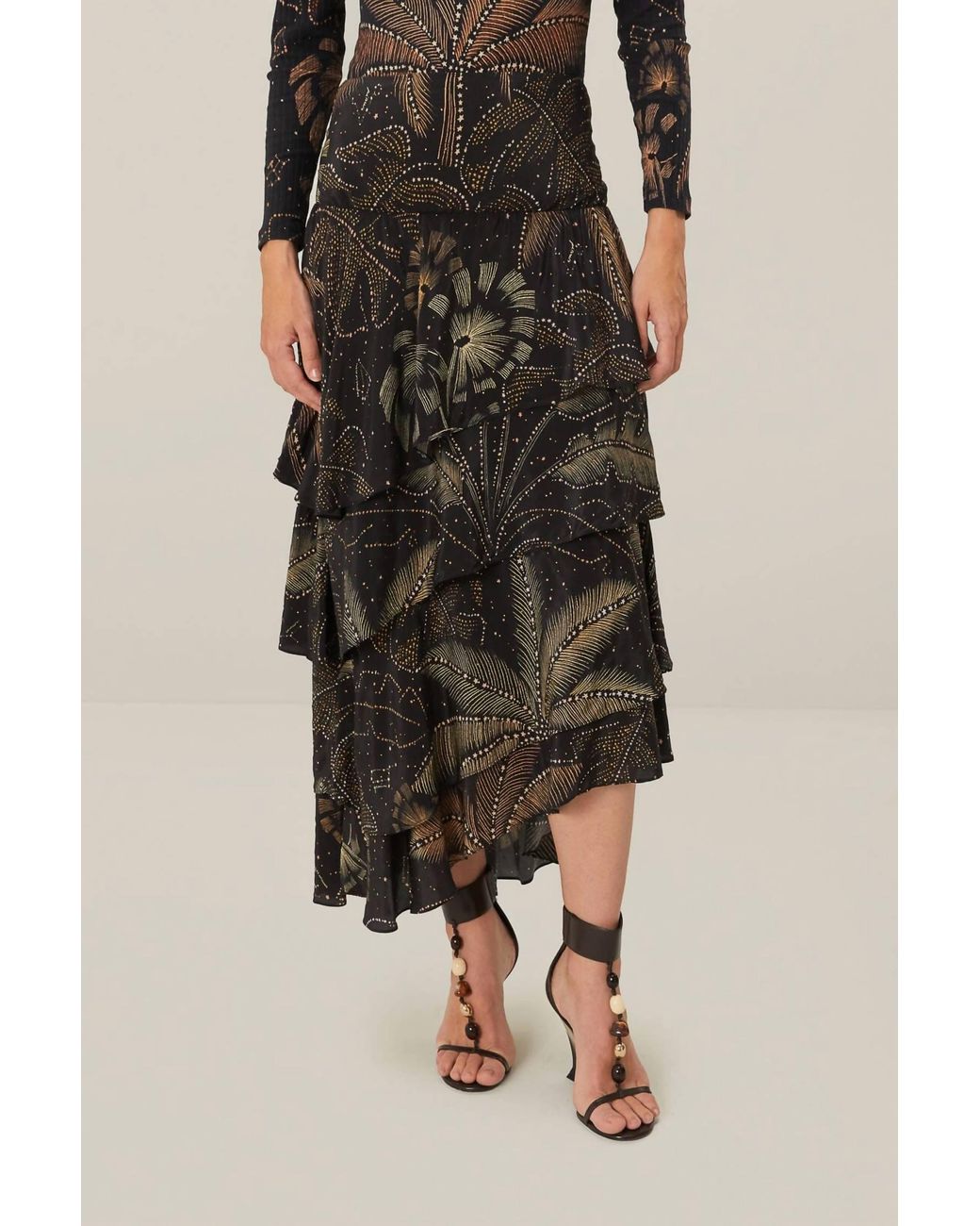 FARM Rio Golden Foliage Ruffled Skirt in Black | Lyst