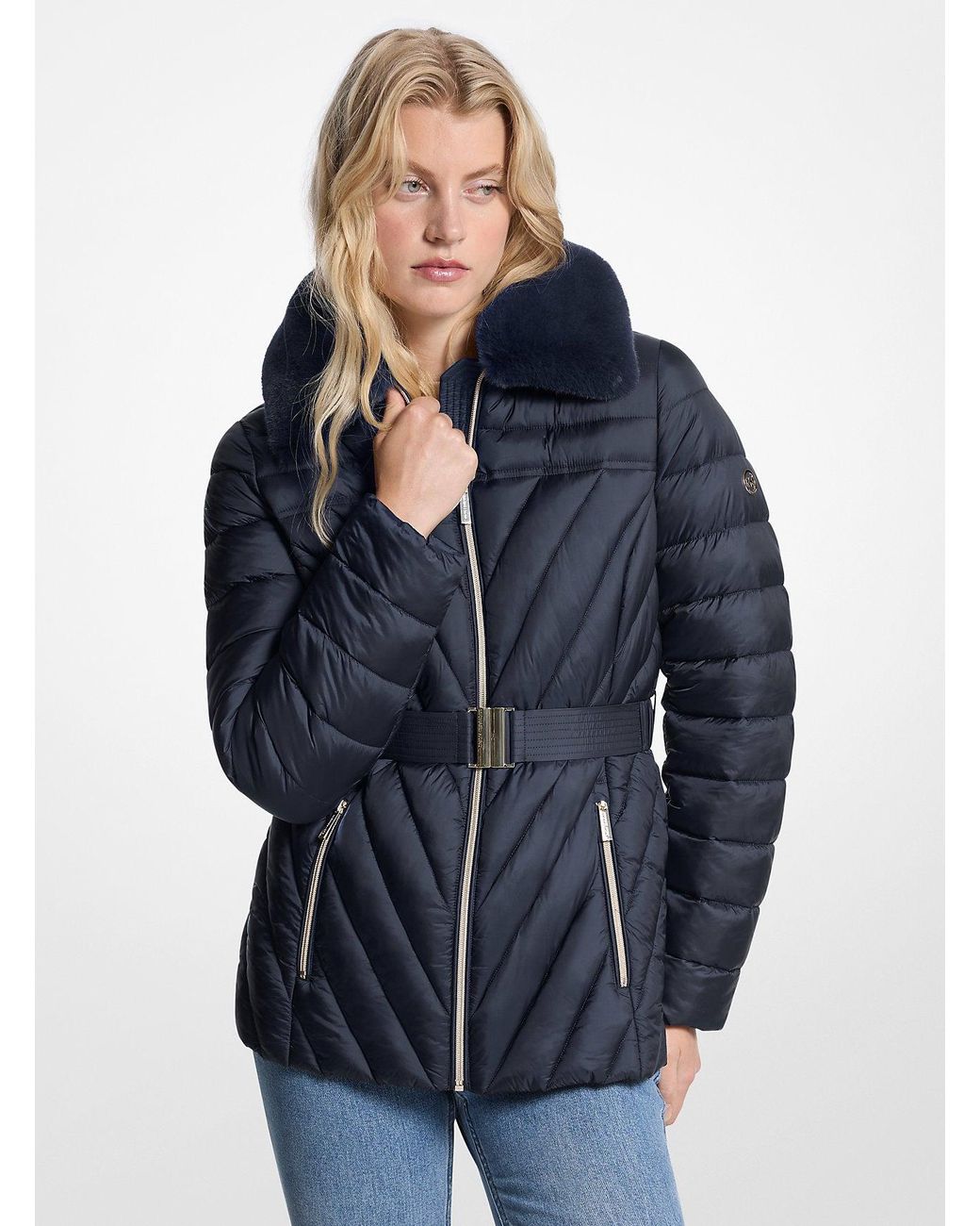 Michael Kors Faux Fur Trim Packable Nylon Puffer Jacket in Blue | Lyst