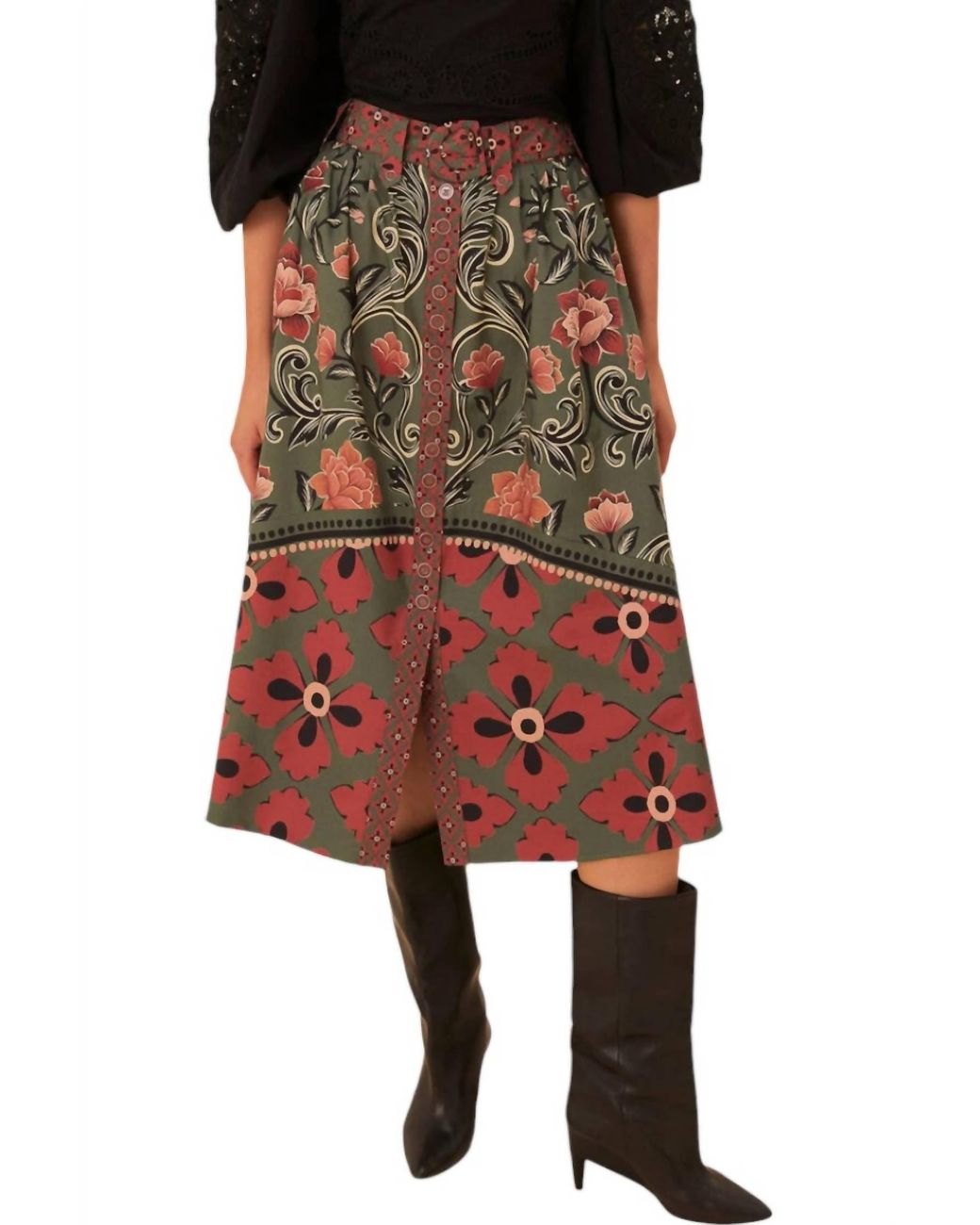 FARM Rio Buttons Midi Skirt in Red | Lyst