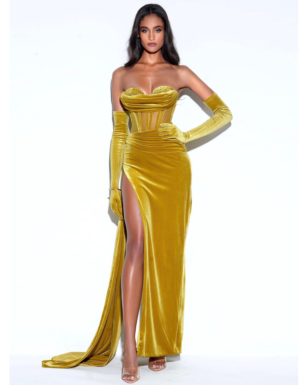 Miss Circle Octavia Draping Crystal Corset High Slit Velvet Gown in ...