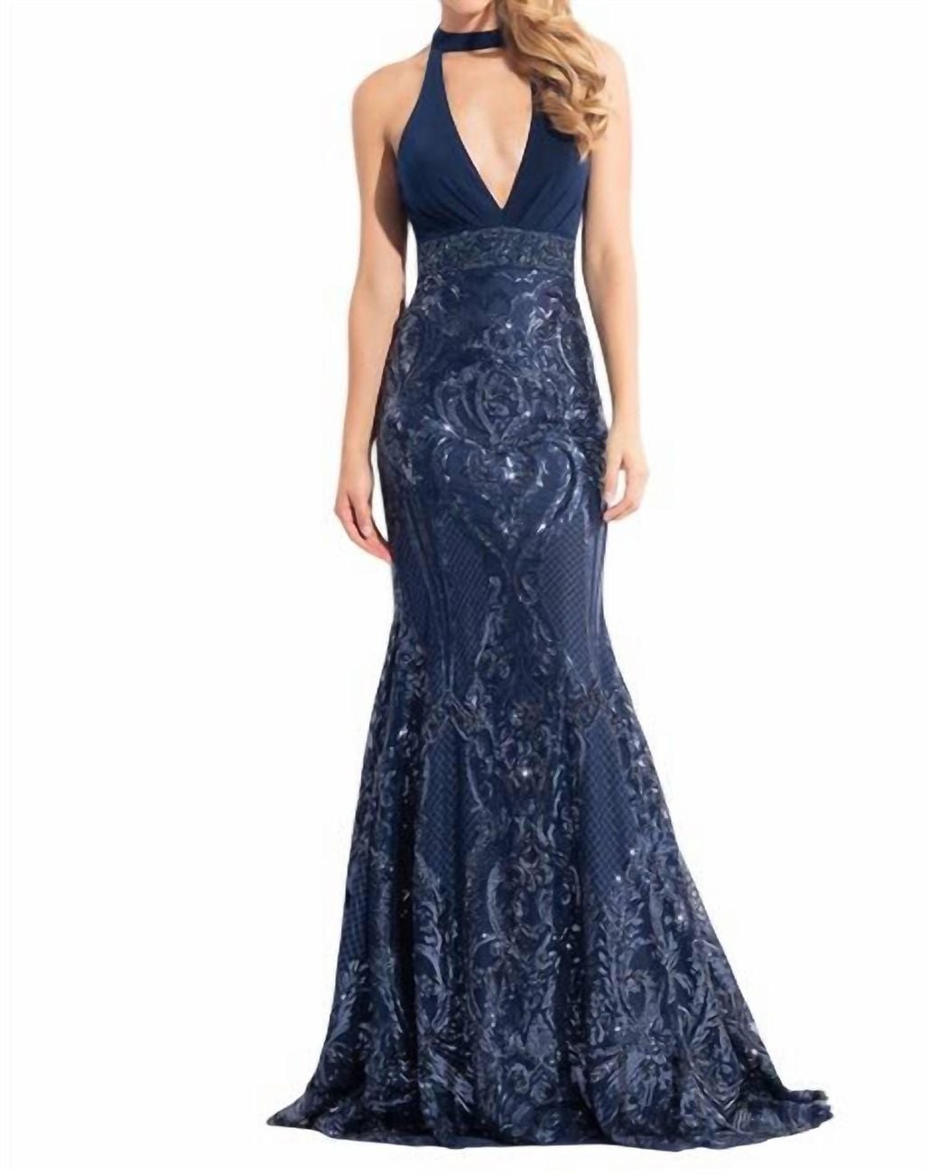 Rachel Allan Halter Neck Embellished Mermaid Gown in Blue | Lyst