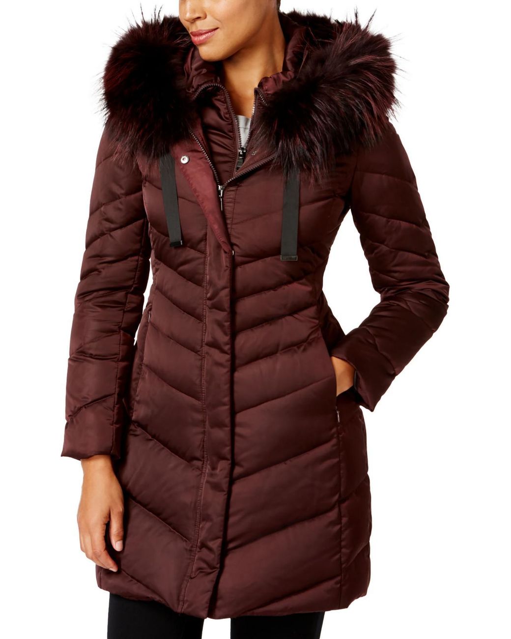 Tahari Jolene Cold Weather Hooded Puffer Jacket in Red | Lyst