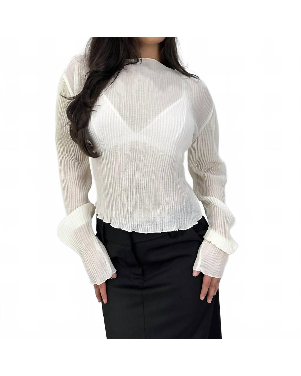 Lioness Sheer Plissé Long Sleeve Top In White Lyst