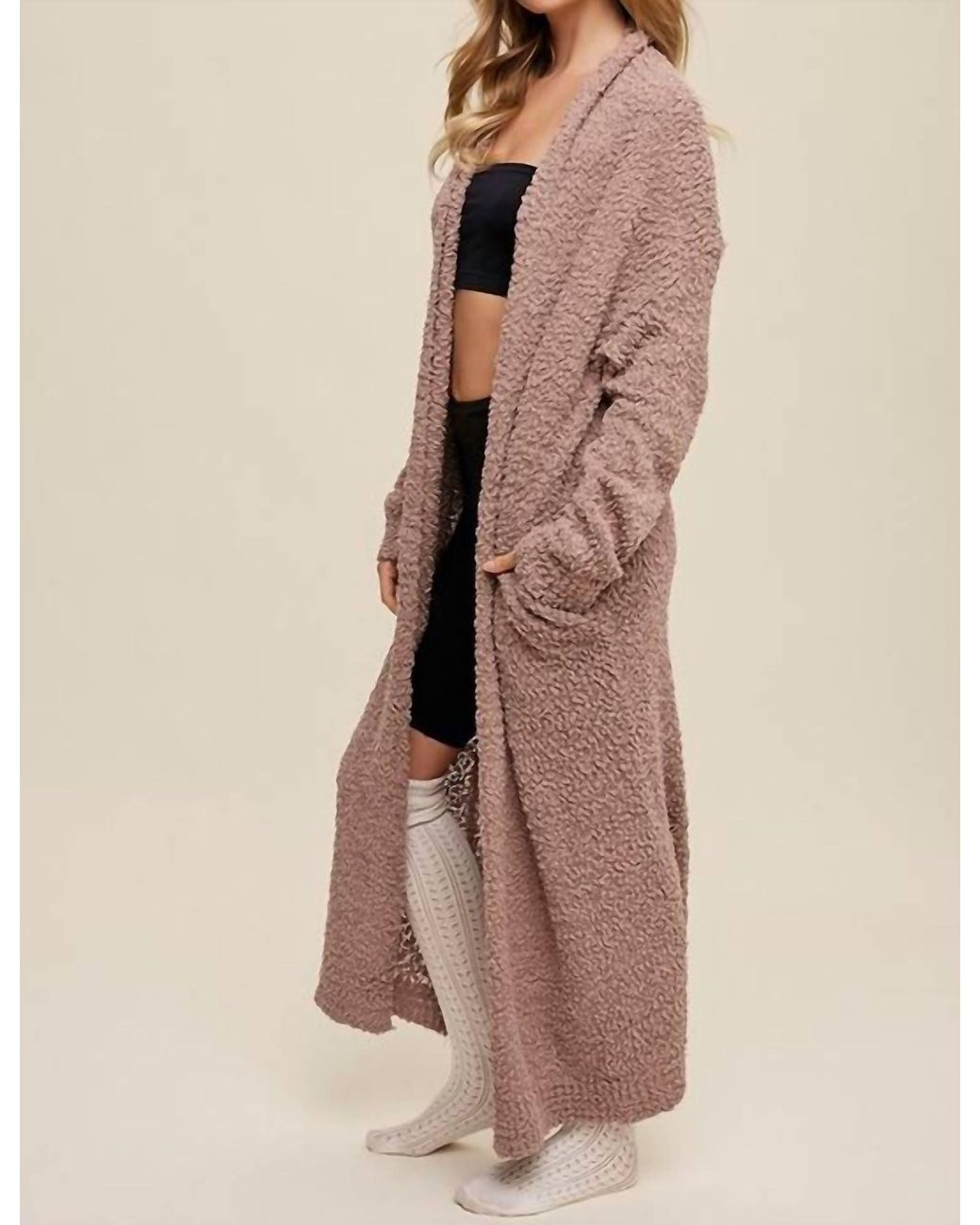 Listicle Long Robe Style Popcorn Cardigan in Natural | Lyst