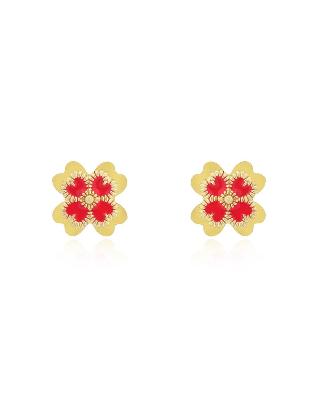 The Lovery Red Enamel Four Leaf Clover Stud Earrings in Pink | Lyst