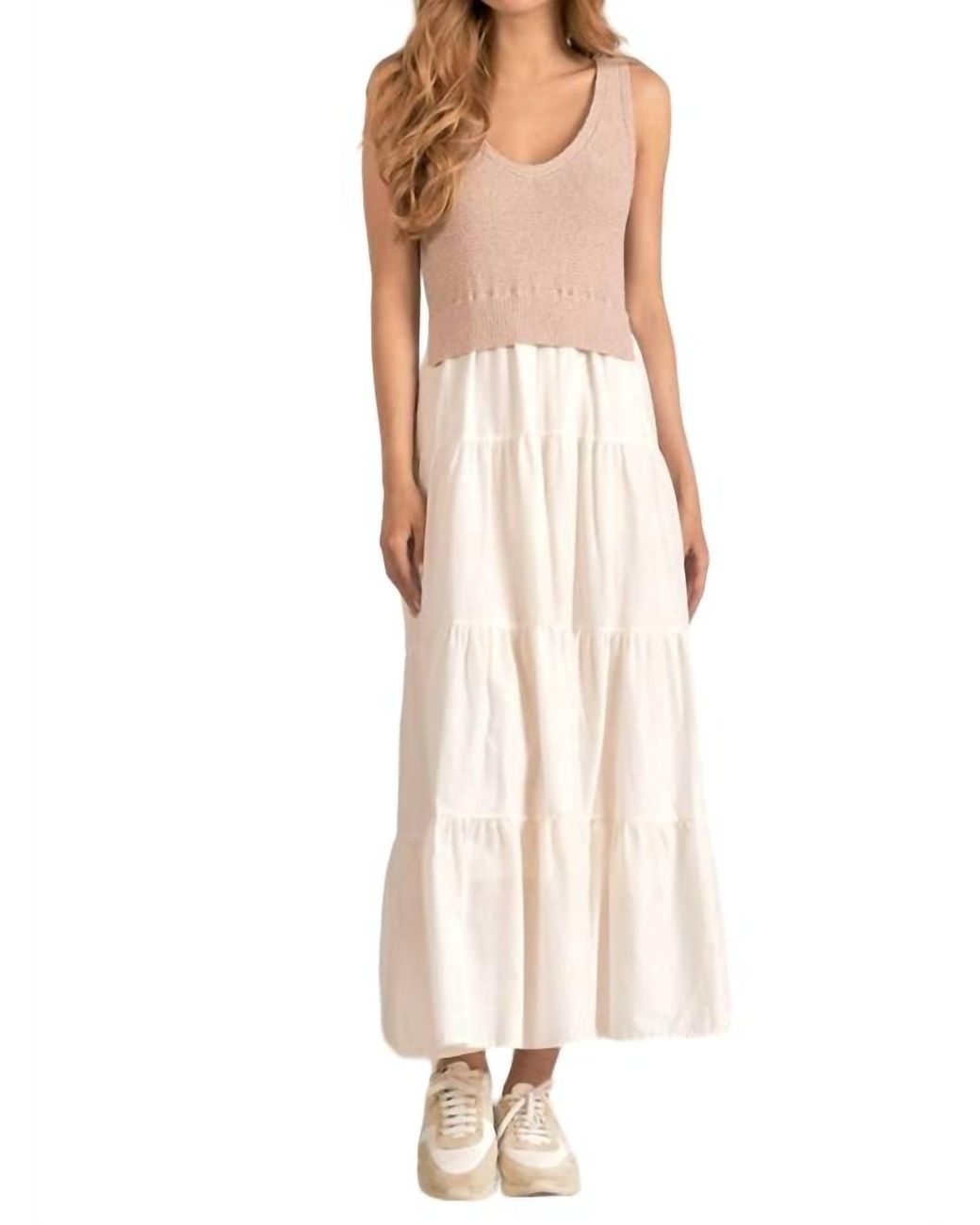 Elan Midi Woven & Knit Mix Dress in Natural | Lyst