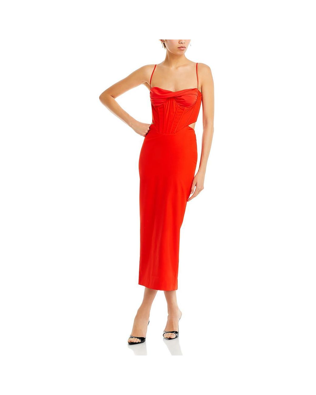 Bardot Cut-Out Corset Seamed Midi Dress in Red | Lyst