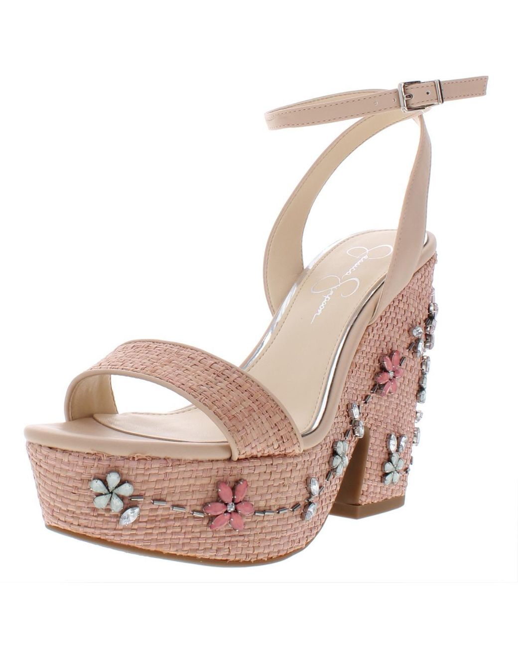 Jessica Simpson Cressia Leather Embellished Wedge Sandals in Brown | Lyst