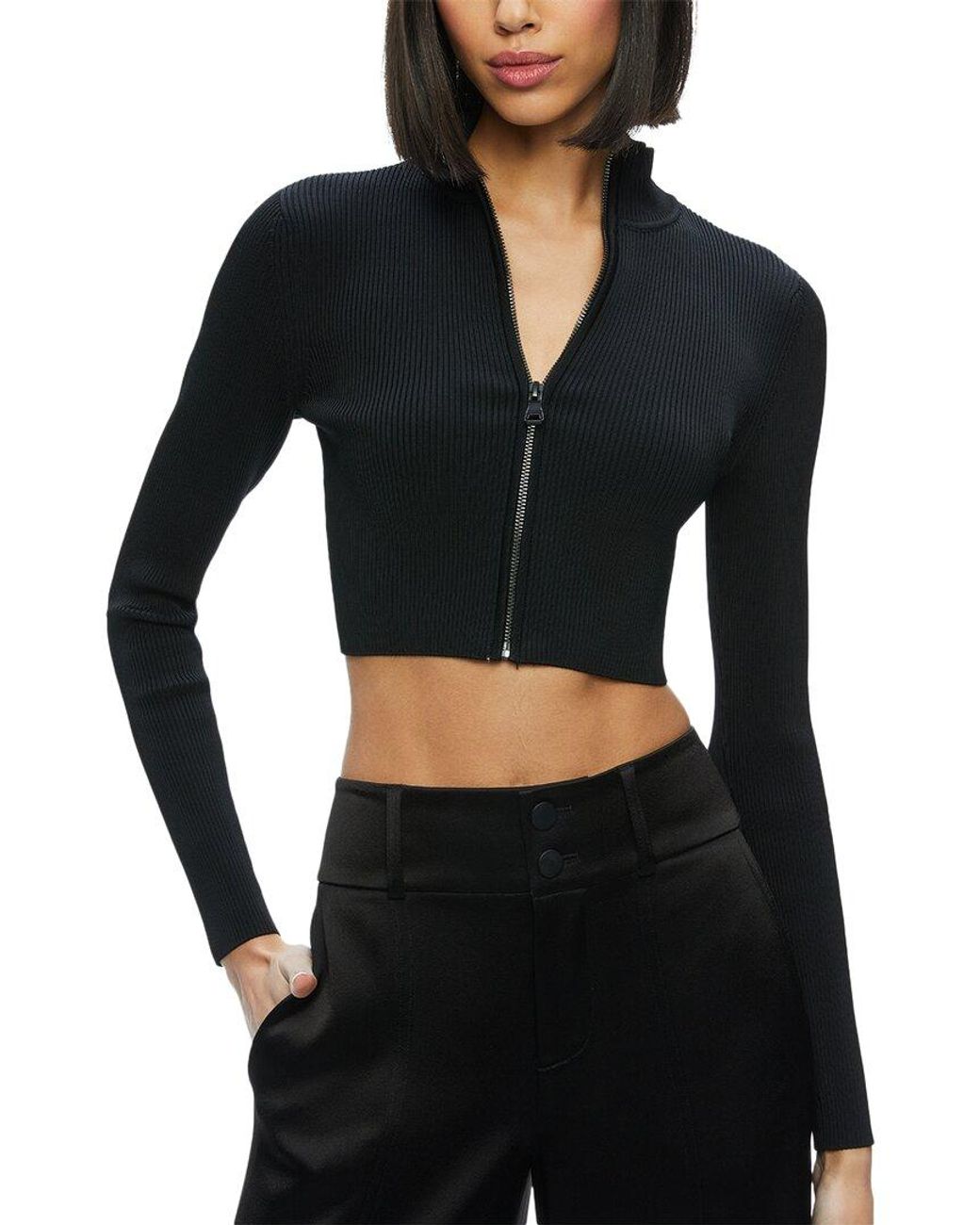 Alice + Olivia Alice + Olivia Dorris Ribbed Zip Up Cardigan in Black | Lyst