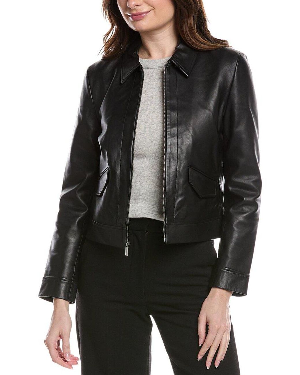 Theory Short Zip Leather Jacket in Black | Lyst