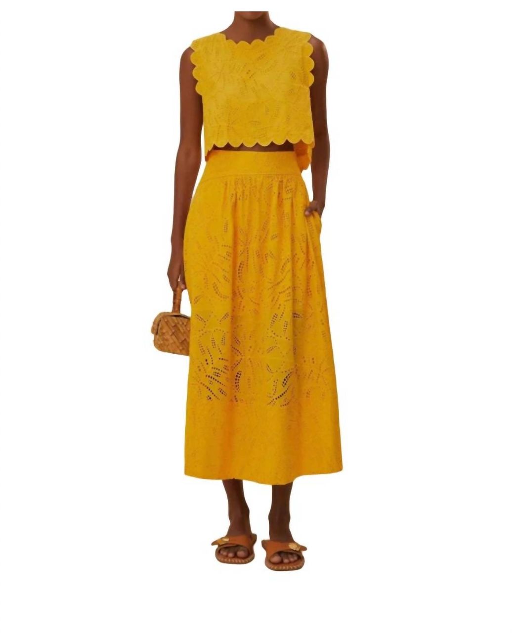 FARM Rio Monstera Eyelet Crop Top in Yellow | Lyst